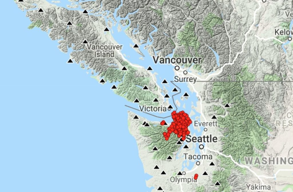 Over 200 miniature earthquakes rumbled between Victoria and Seattle