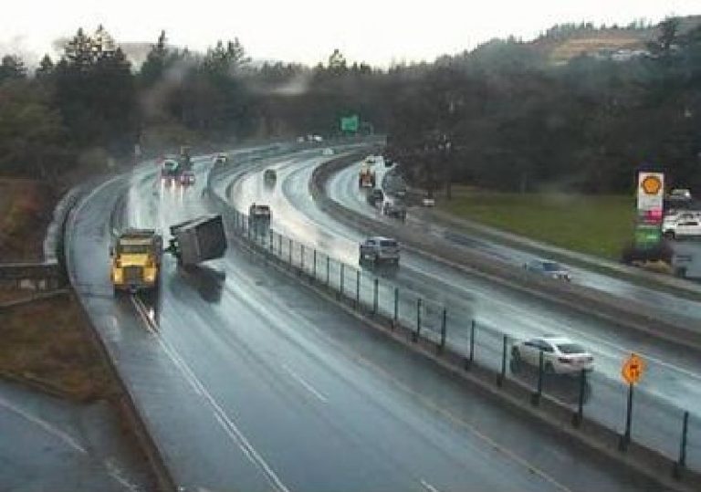 DriveBC camera captures moment before dump truck crashes on HWY 1 in ...