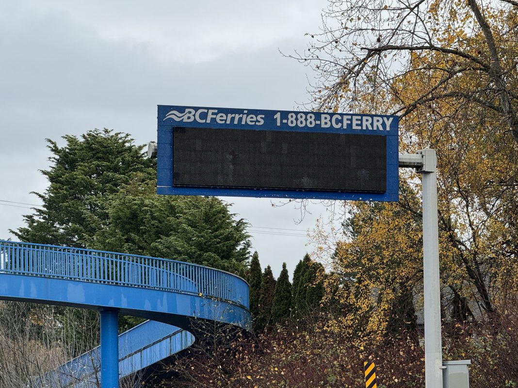 BC Ferries digital sign on Pat Bay Highway near Sidney taken out of service